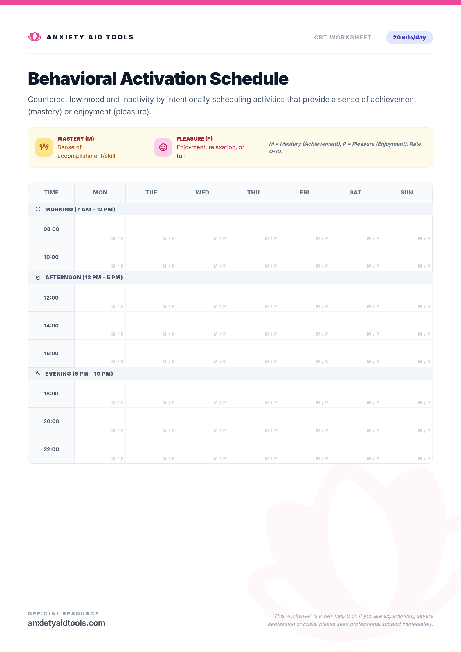 Behavioral Activation Schedule - Worksheet | Anxiety Aid Tools